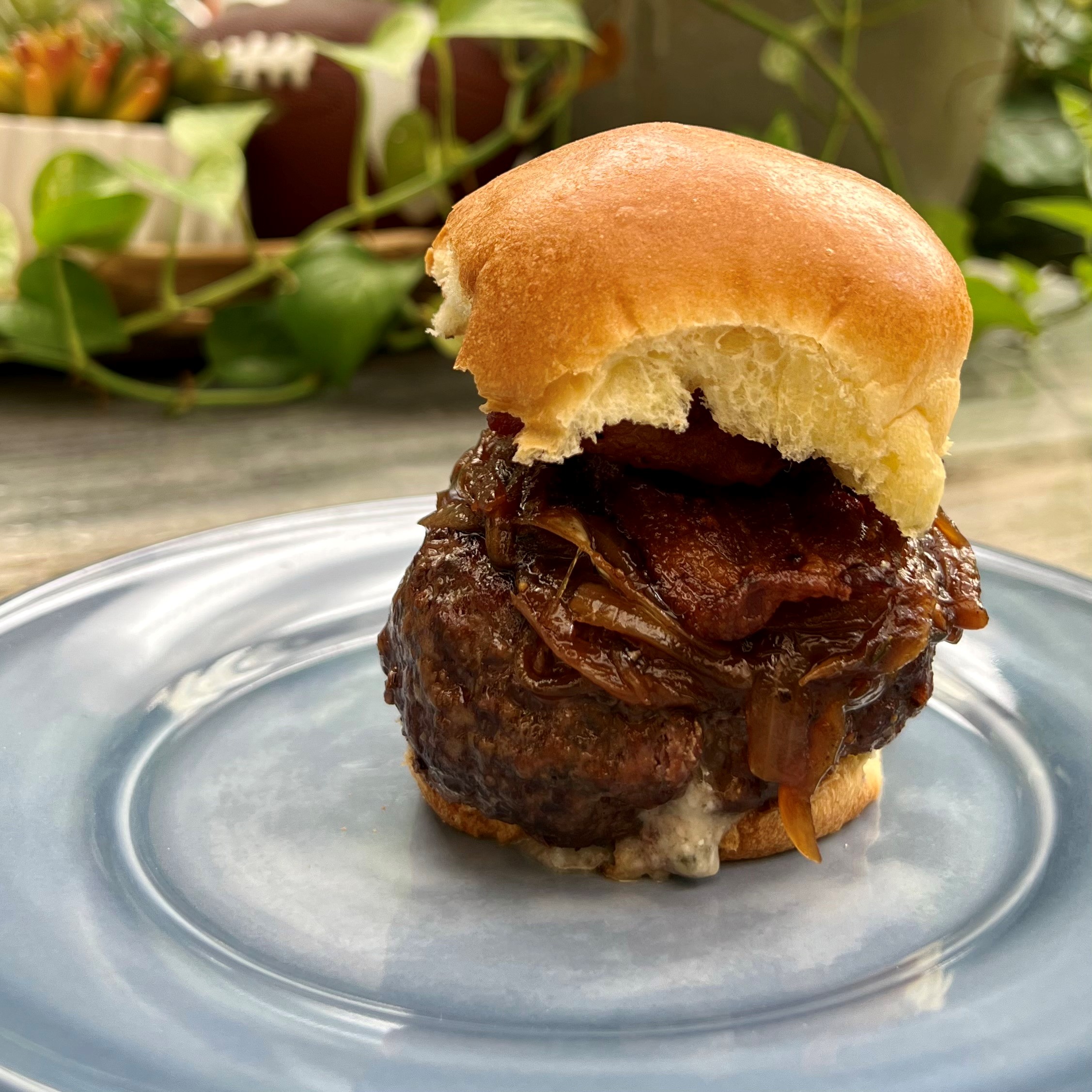 Blue Cheese-Stuffed Bison Sliders with Port and Bacon Drunken Onions ...