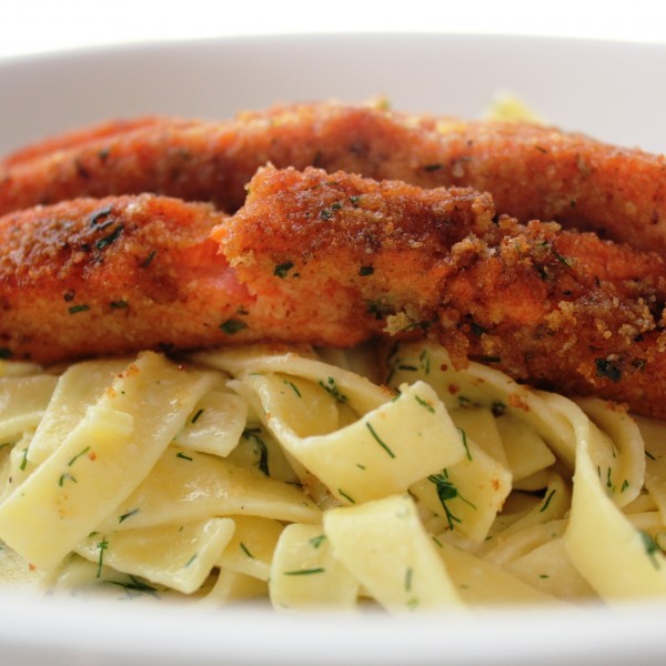 Paneed Salmon With Dilled Creamy Pasta | Emerils.com