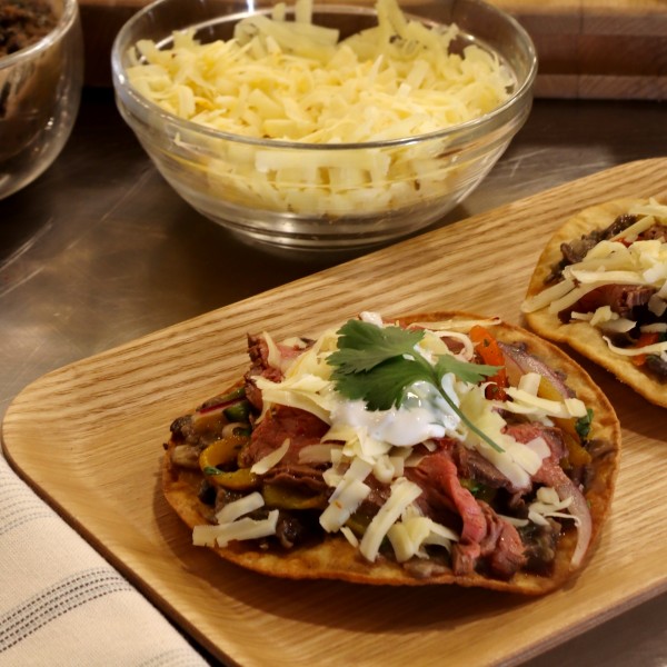 Grilled Flank Steak Tostadas With Black Bean Puree, Roasted Pepper ...